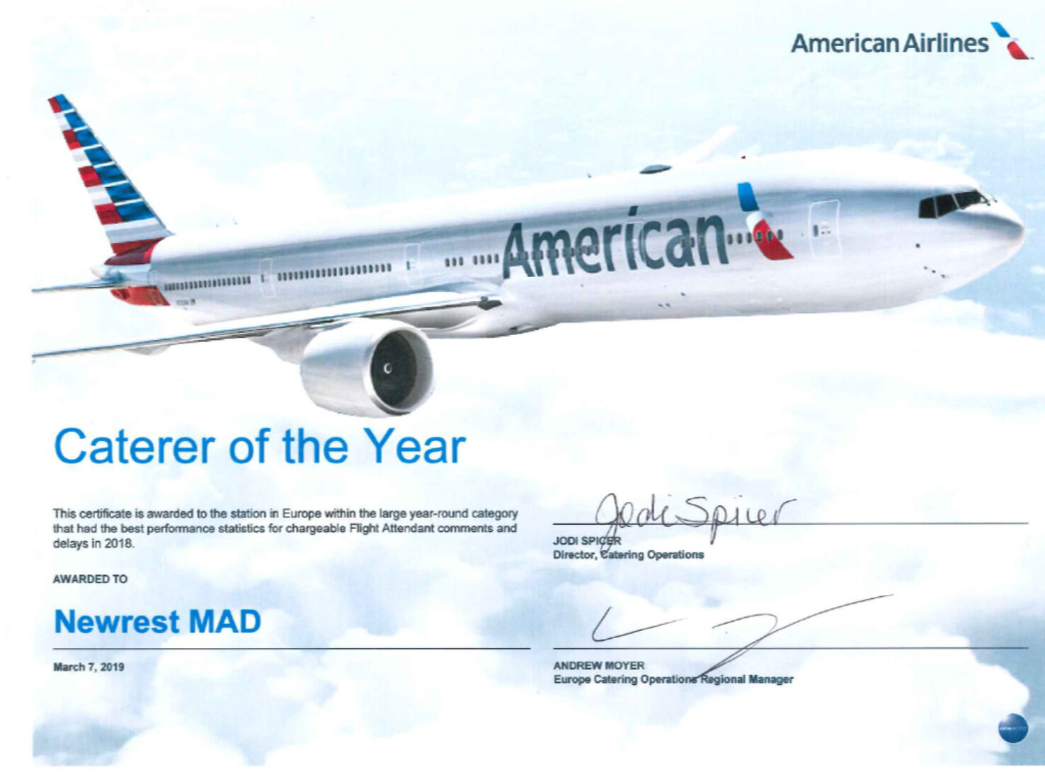 Newrest Madrid récompensé par American Airlines - Newrest Media